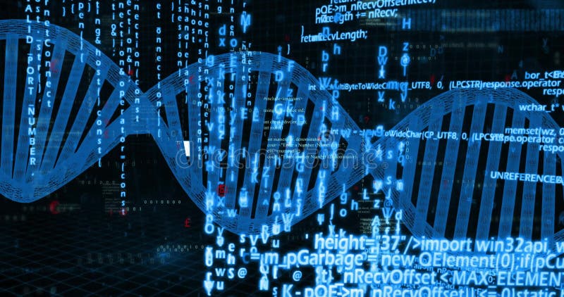 3d Dna Helix Floating Over Dark Grid With Neon Code And Binary Digits Scrolling Vertically
