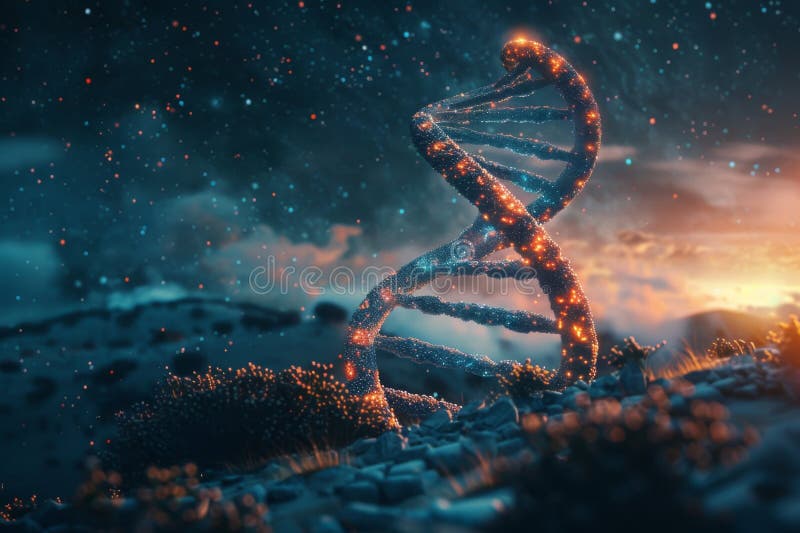 3D DNA Rendered in Field with Water, Sky, Wind, Event, and Astronomical ...