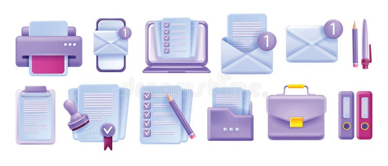 3D Document Icon Vector Set, Paper Report Form Kit, Digital Agreement ...