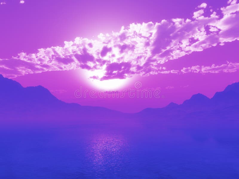 3D Dramatic Purple Sunset Landscape Stock Illustration - Illustration ...