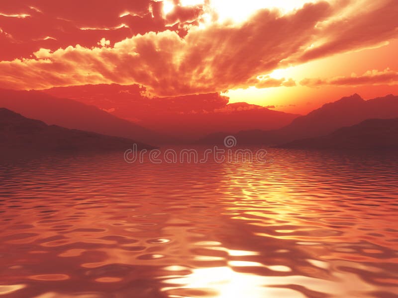 3D Dramatic Sunset Ocean Landscape Stock Illustration - Illustration of ...