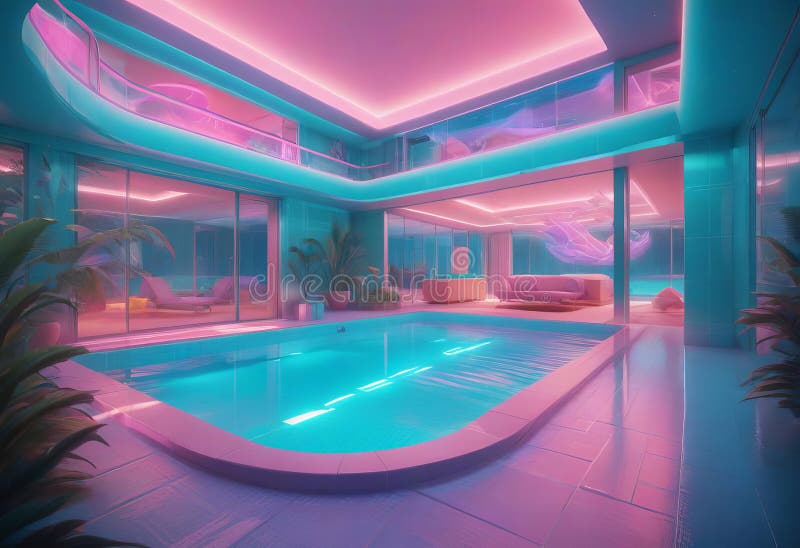 3D Dream Home with Neon Lights and a Pool Paradise Stock Illustration ...