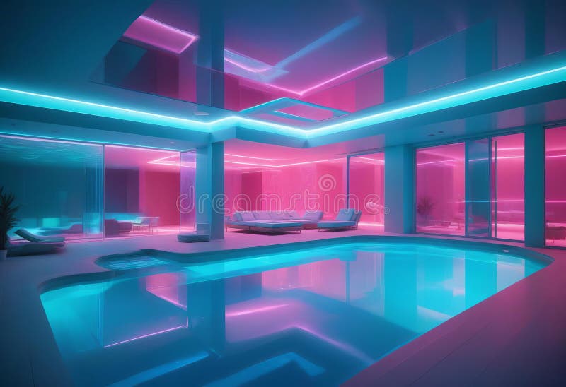 3D Dream Home with Neon Lights and a Pool Paradise Stock Illustration ...