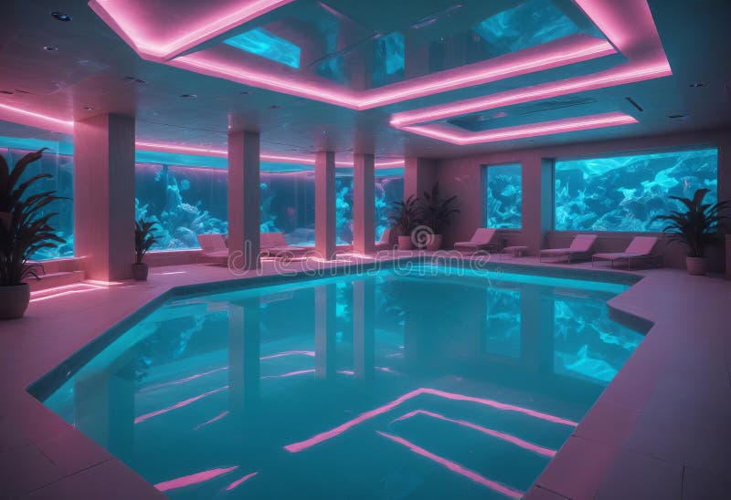 3D Dream Home with Neon Lights and a Pool Paradise Stock Illustration ...