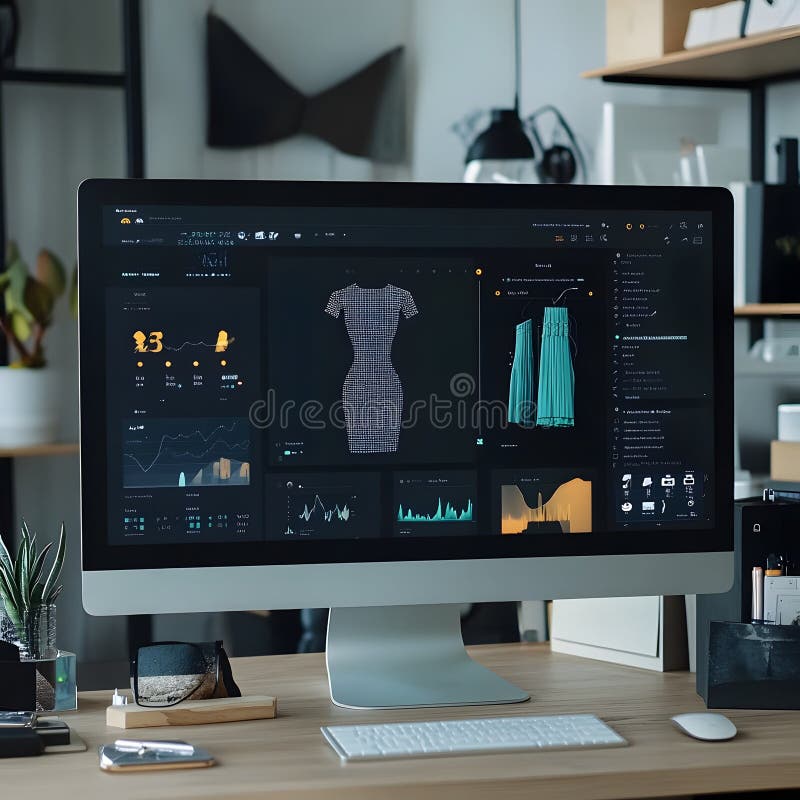 3D Dress Model on Computer Screen in Modern Workspace Stock ...
