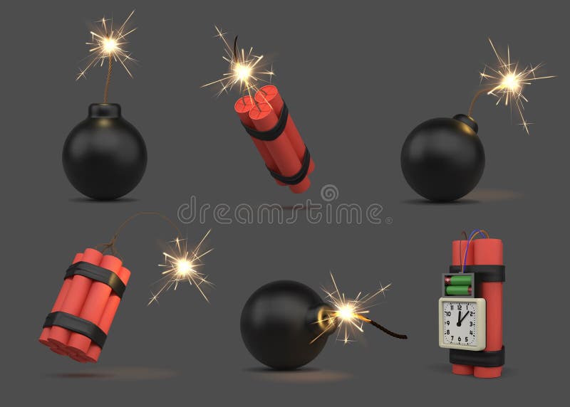 3d Dynamite. Bomb Tnt Fuse, Detonator Explosive Isolated Military Elements Different Side View ...