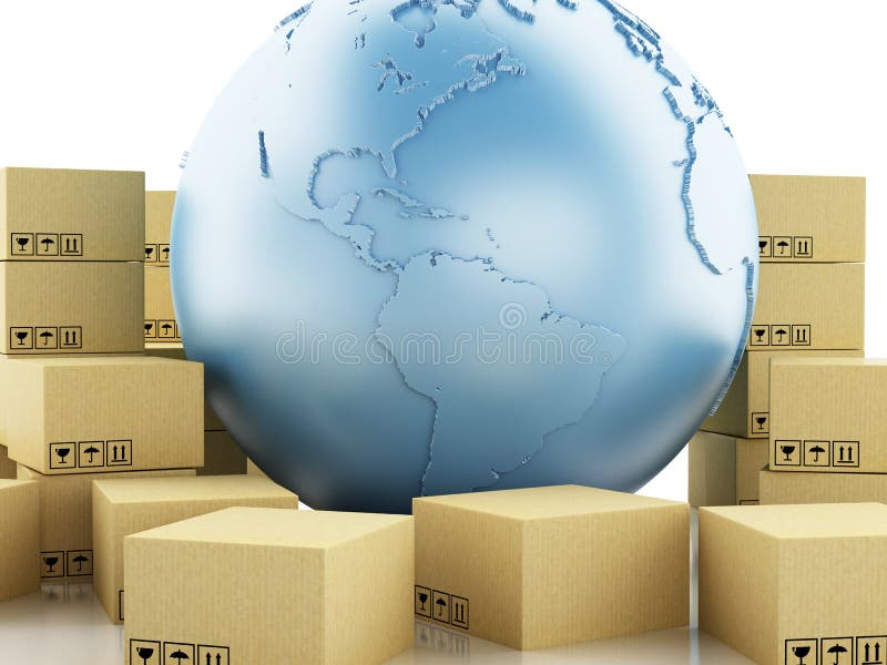 3d Earth Globe with Cardboard Boxes. Stock Illustration - Illustration ...