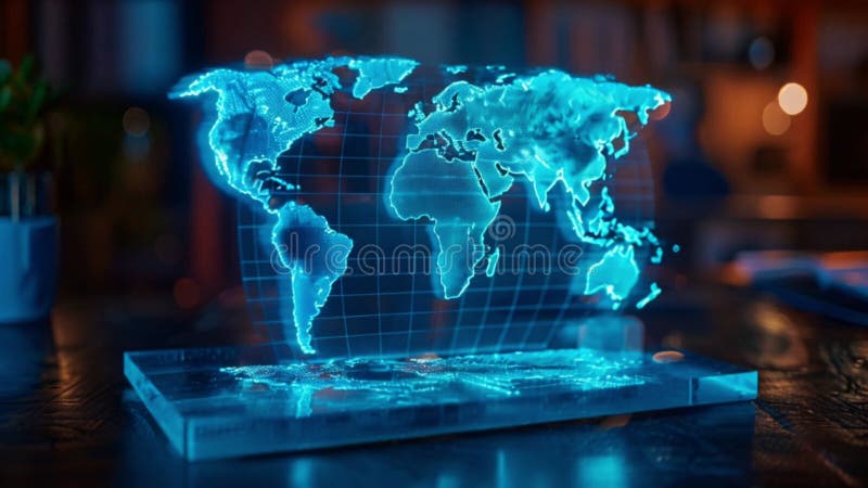 3D Earth Map Blue Digital Hologram on Desk Stock Footage - Video of ...