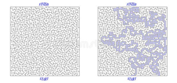 Big Square Labyrinth. Maze of High Complexity with Solution. Black and ...