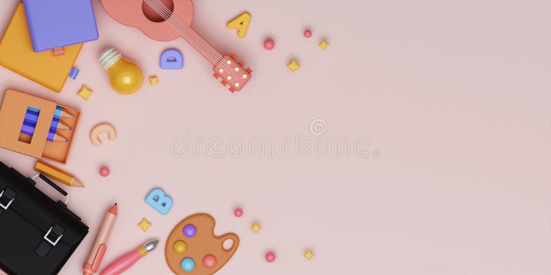 3d Education Concept. Top View School Accessories on Pink Background ...