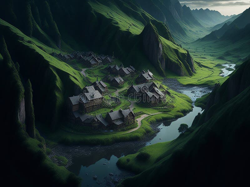 Panoramic View of a Quaint Hobbit Village Stock Illustration ...