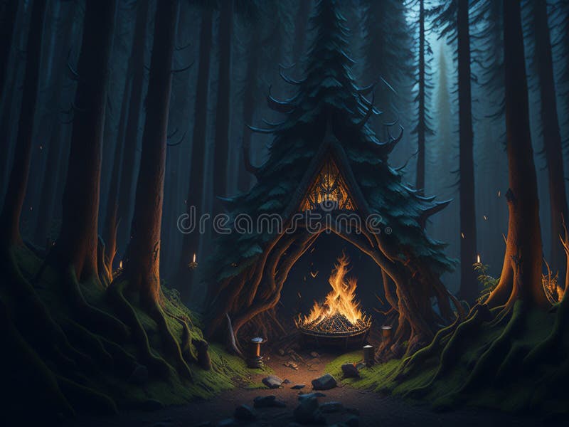 Campfire in a Forest Clearing Surrounded by Blooming Flowers Stock ...
