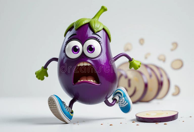 3D Eggplant Character Dashing Away from Sliced Eggplant Stock ...