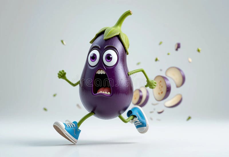 A 3D Eggplant Character Runs, Slices Trailing Behind Stock Illustration ...