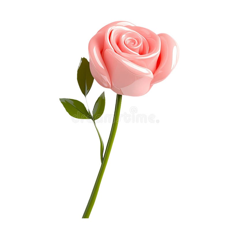 3D Elegant Pink Rose with Green Stem Isolated on Transparent Background ...