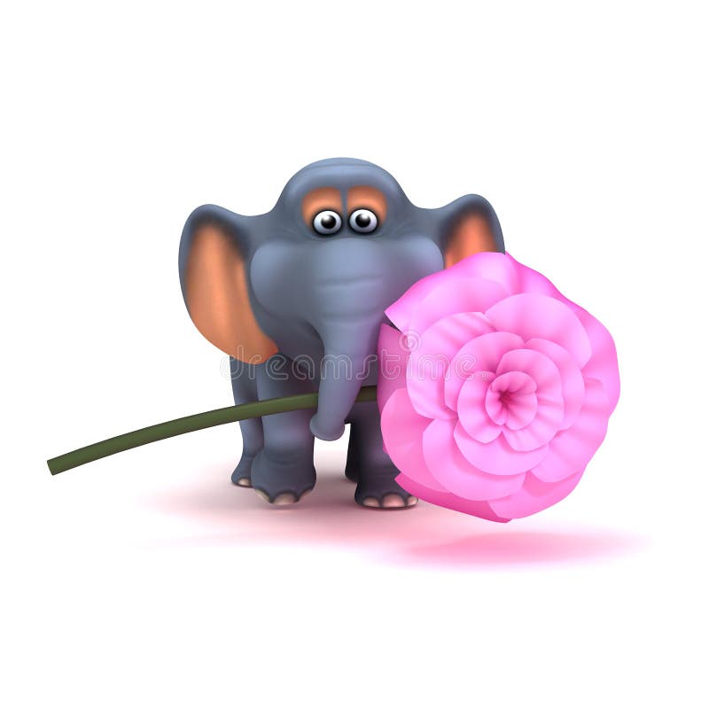 3d Elephant with pink rose stock illustration. Illustration of funny ...