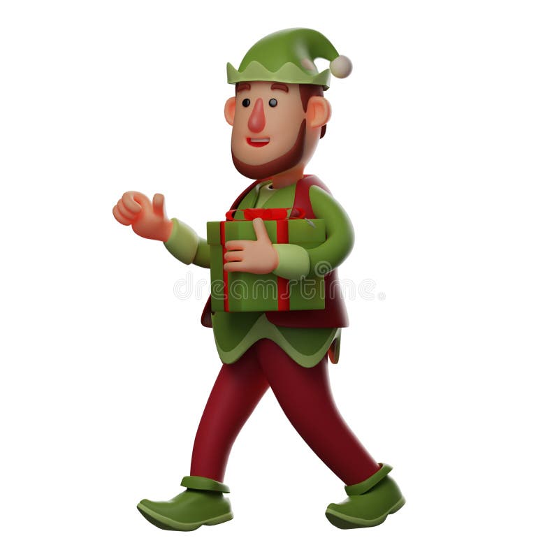 3D Elf Cartoon Picture with a Green Gift Box Stock Illustration ...