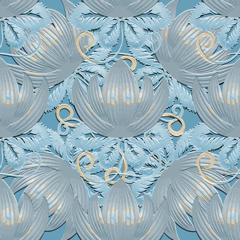 3d Embossed Lotus Flowers Seamless Pattern. Textured Beautiful Flowers ...