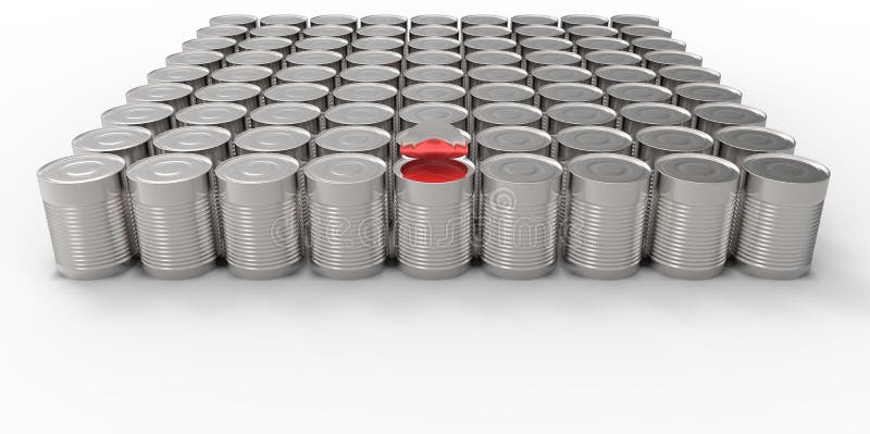 3D Empty Cans on White Background Paint with One Red Can Filled Stock ...
