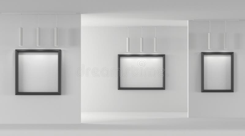 3D Empty Gallery with Blank Picture Frames on Walls and Pendant Ceiling ...