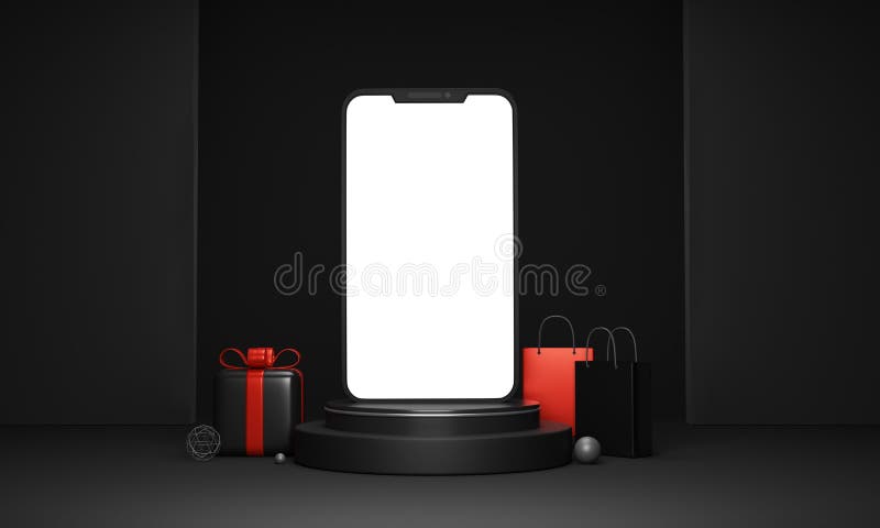 3D Empty Smartphone Screen with Gift Box and Shopping Bags Over Podium ...