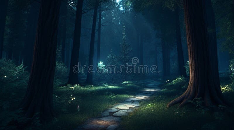 Enchanted Pathway in Dark Forest Stock Illustration - Illustration of ...