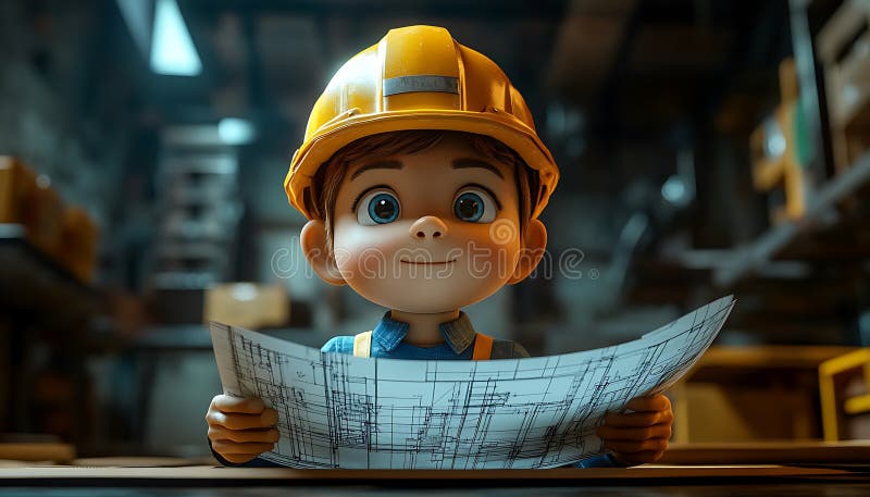 3D Engineer Character with Blueprint, Thoughtful Planning Stock ...