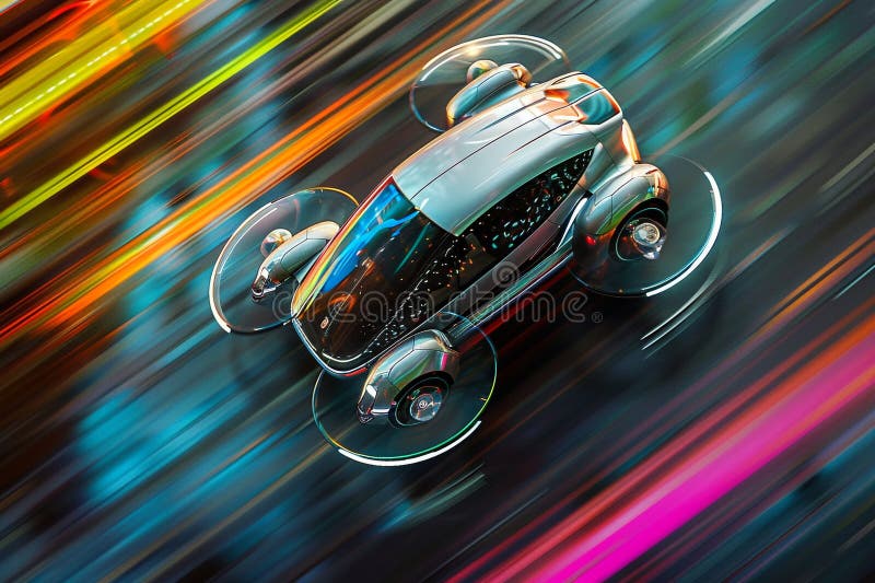 3D EV Drone Car in Flight Rainbow Trail Birds Eye View Dynamic Colors ...