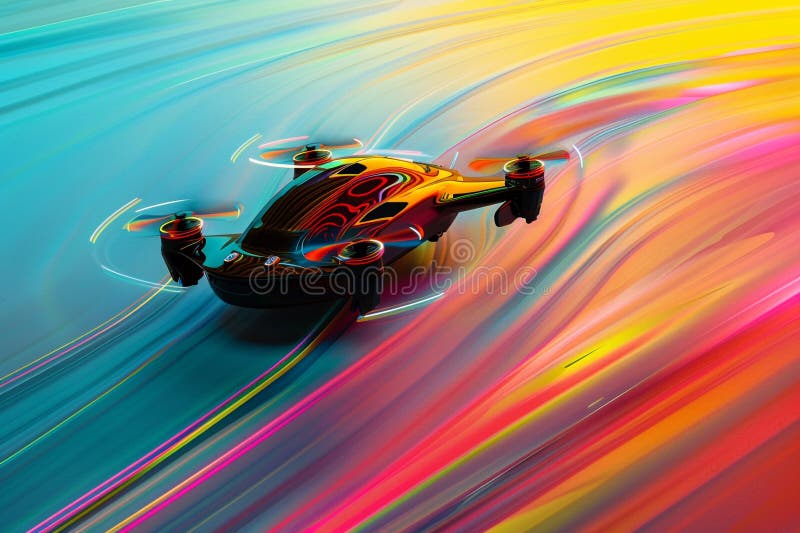 3D EV Drone Car in Flight Rainbow Trail Birds Eye View Dynamic Colors ...