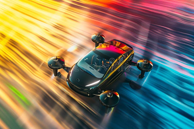 3D EV Drone Car in Flight Rainbow Trail Birds Eye View Dynamic Colors ...