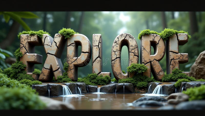 3D EXPLORE in Stone with Digital Waterfalls Moss Jungle Backdrop Stock ...