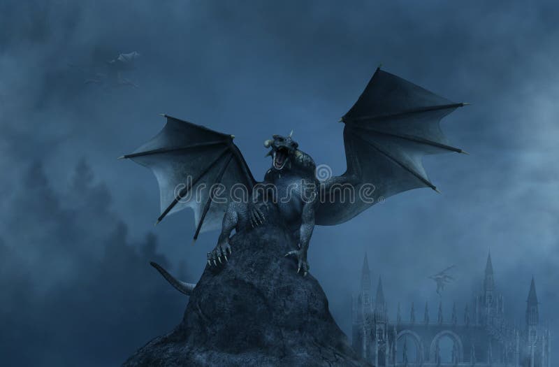 Red Dragon on the rock stock illustration. Illustration of castle ...
