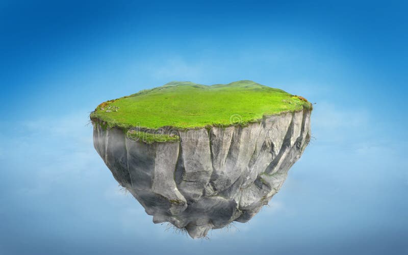 3D Fantasy Floating Island with Green Grass Land Isolated on Blue Sky ... 3D Fantasy Floating Island with Green Grass Land Isolated on Blue Sky ...