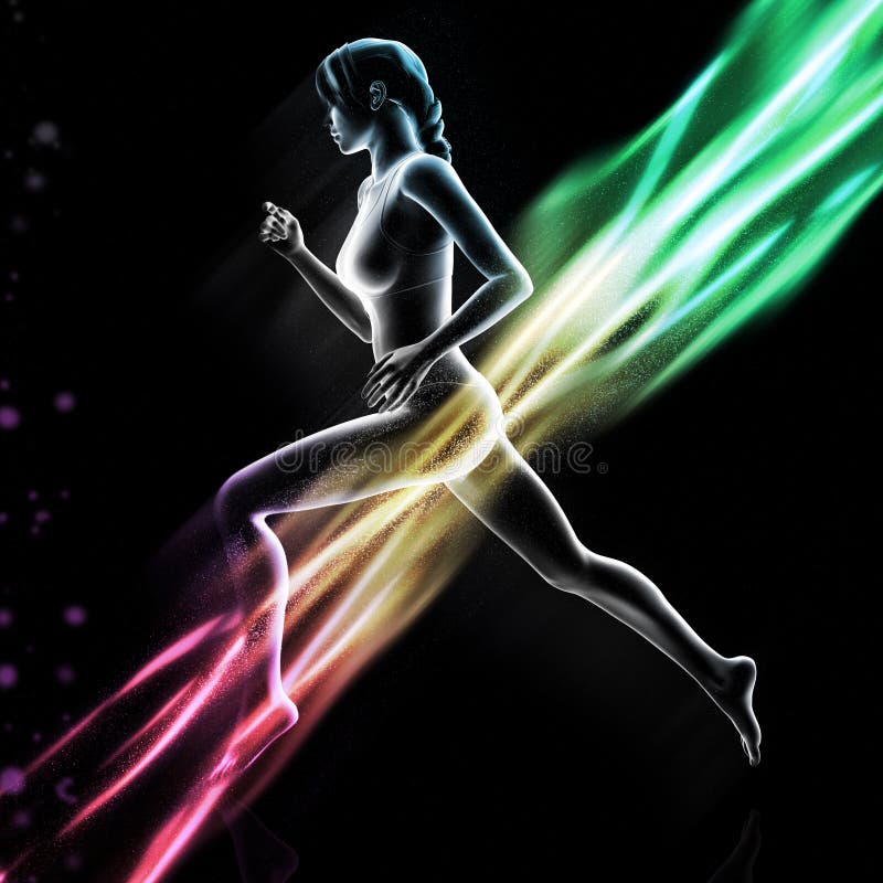 3D Female Figure Running with Colourful Light Waves Stock Illustration ...