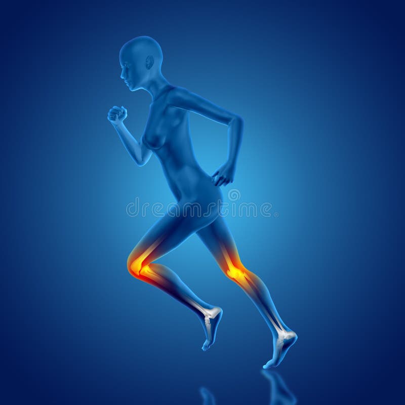 3D Female Medical Figure Running with Knee Bones Highlighted Stock ...