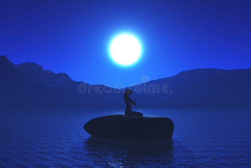 3D Female in Yoga Pose on Stepping Stone Against Night Sky Stock ...
