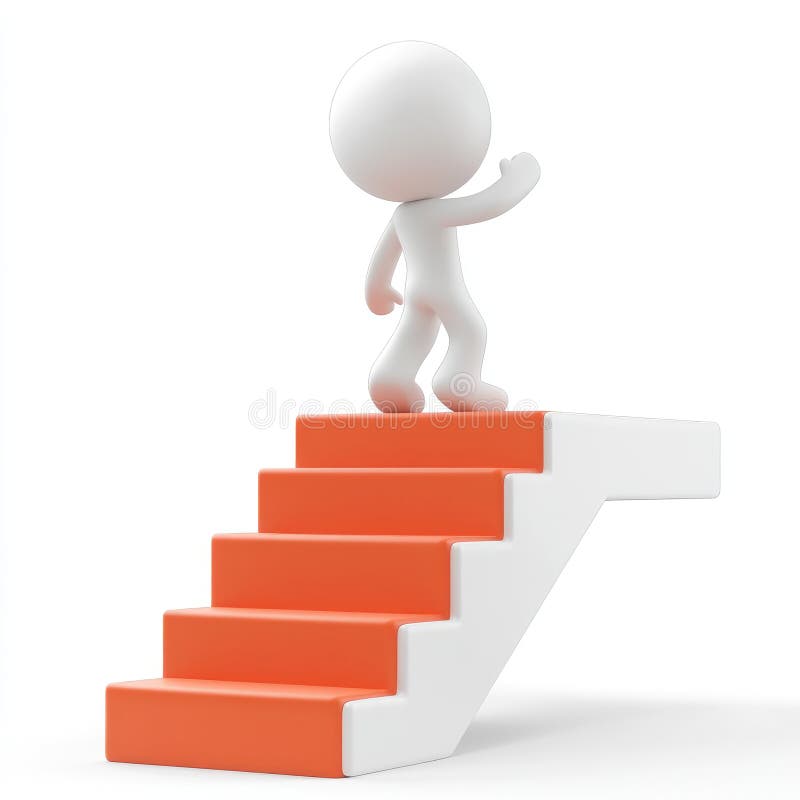 3D Render of a White Figure Ascending Orange Stairs Towards Success ...