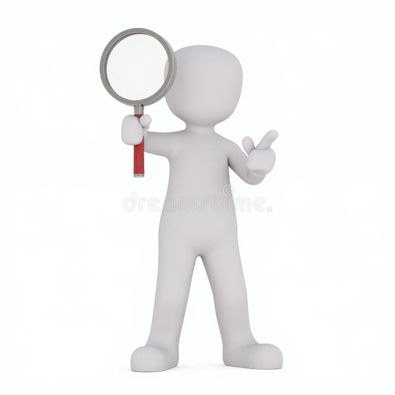 3D Figure Holding a Magnifying Glass in One Hand and Pointing with the ...