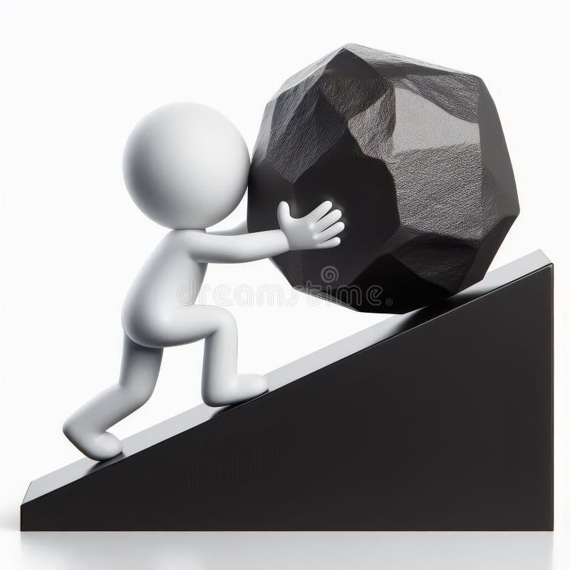 A 3D Figure Struggles To Push a Large Rock Uphill Stock Illustration ...