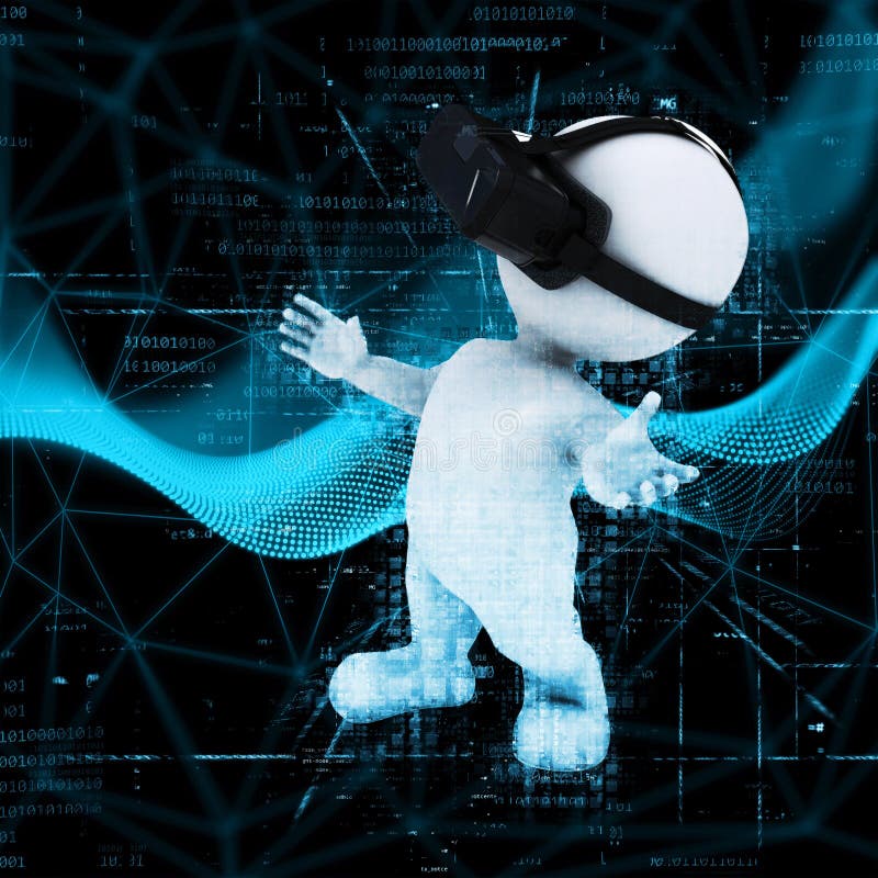 3D Figure Wearing VR Headset on Abstract Code Background Stock ...