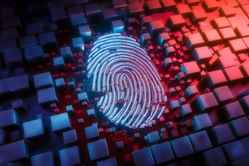 3D Fingerprint with Blue and Red Cubic Structures, Futuristic Tech Feel ...