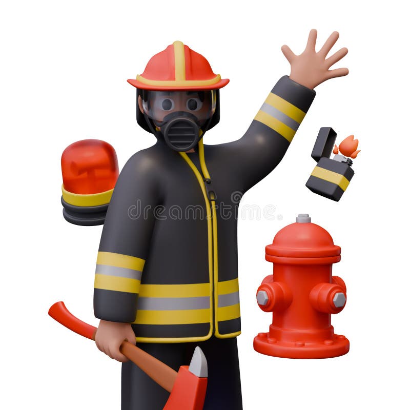 3D Fireman Holding Fire Ax and Pointing Up. Red Fire Hydrant, Alarm ...