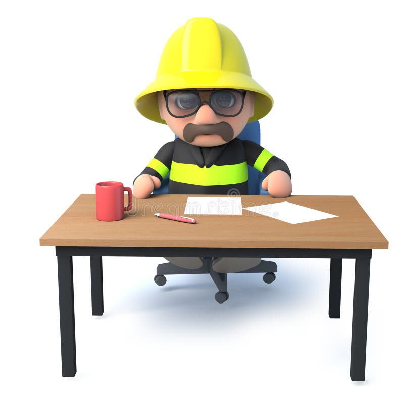 3d Fireman Sits at His Desk Stock Illustration - Illustration of blaze ...