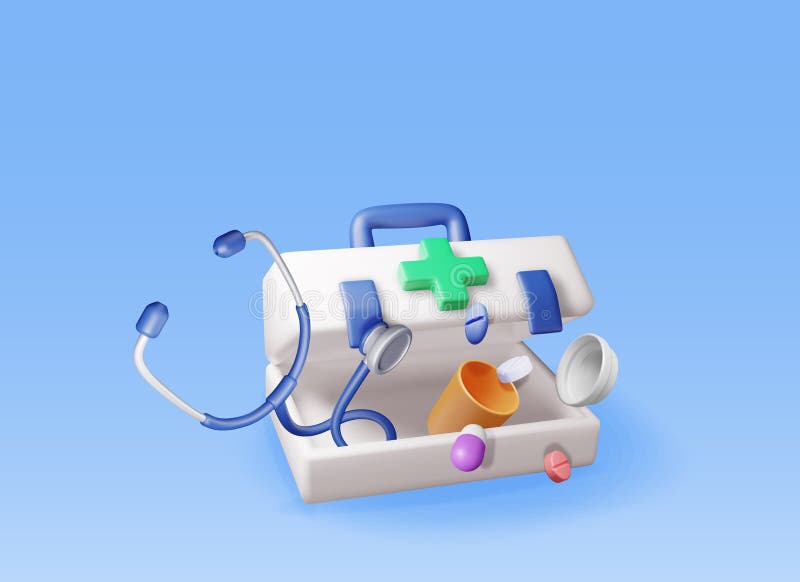 3d First Aid Kit with Stethoscope, Pill Container Stock Vector ...