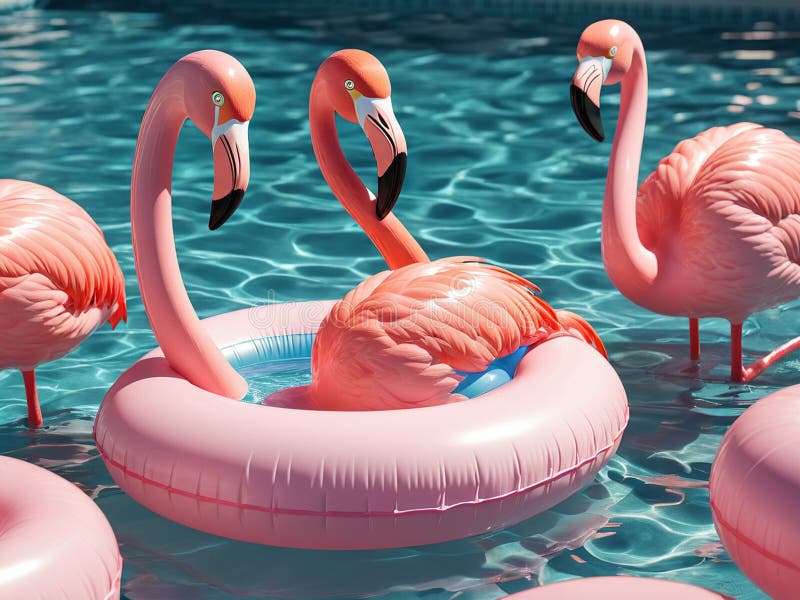 3D Flamingo Toy Floating in Inflatable Pool - Generated by Ai Stock ...