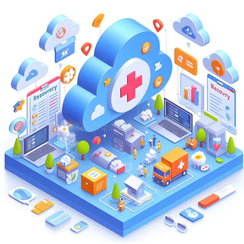 3d Flat As Cloud Computing Disaster Recovery with Recovery Icons and ...