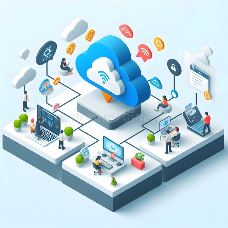 3d Flat As Cloud Computing and Remote Work Solutions with Connectivity ...