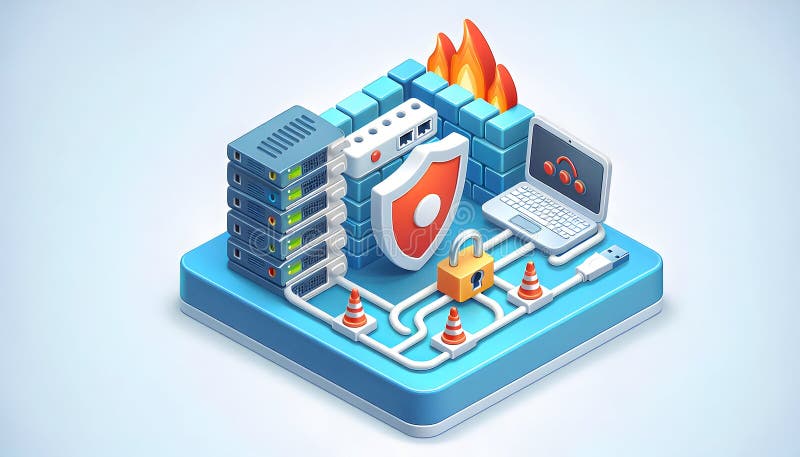 3d Flat As Network Firewall Icon with a Shield and Network Cable ...