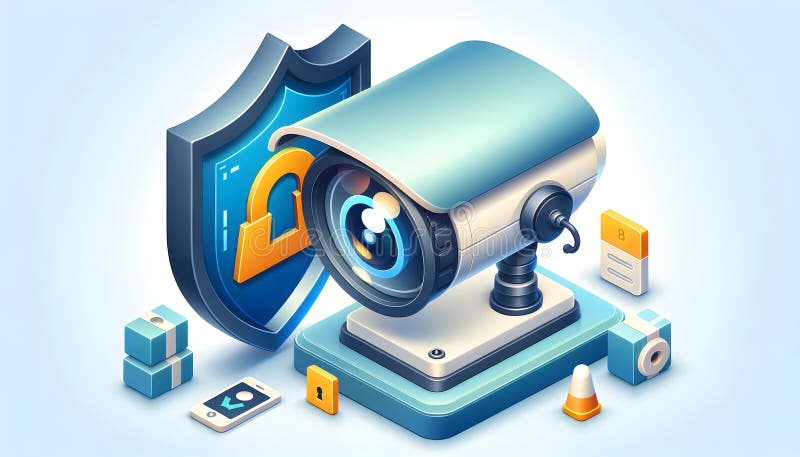 3d Flat As Security Camera Icon with a Shield and Camera Lens Concept ...