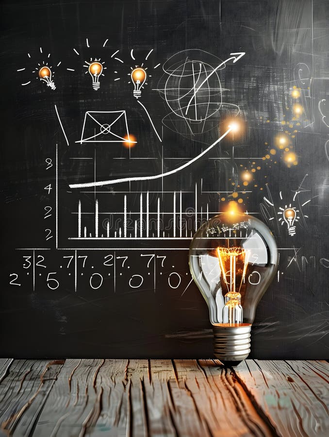 3d Flat Icon As Blackboard with Efficiency Chart and Lightbulb Concept ...
